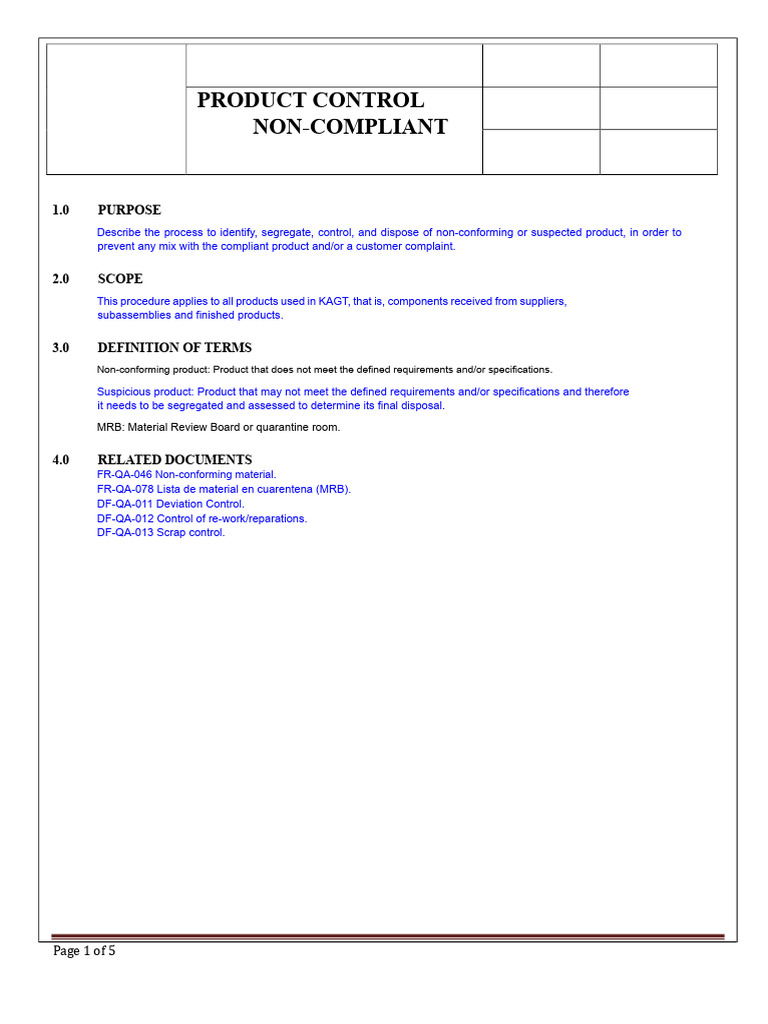 Gp-qa-003 Control of Non-Conforming Product | PDF
