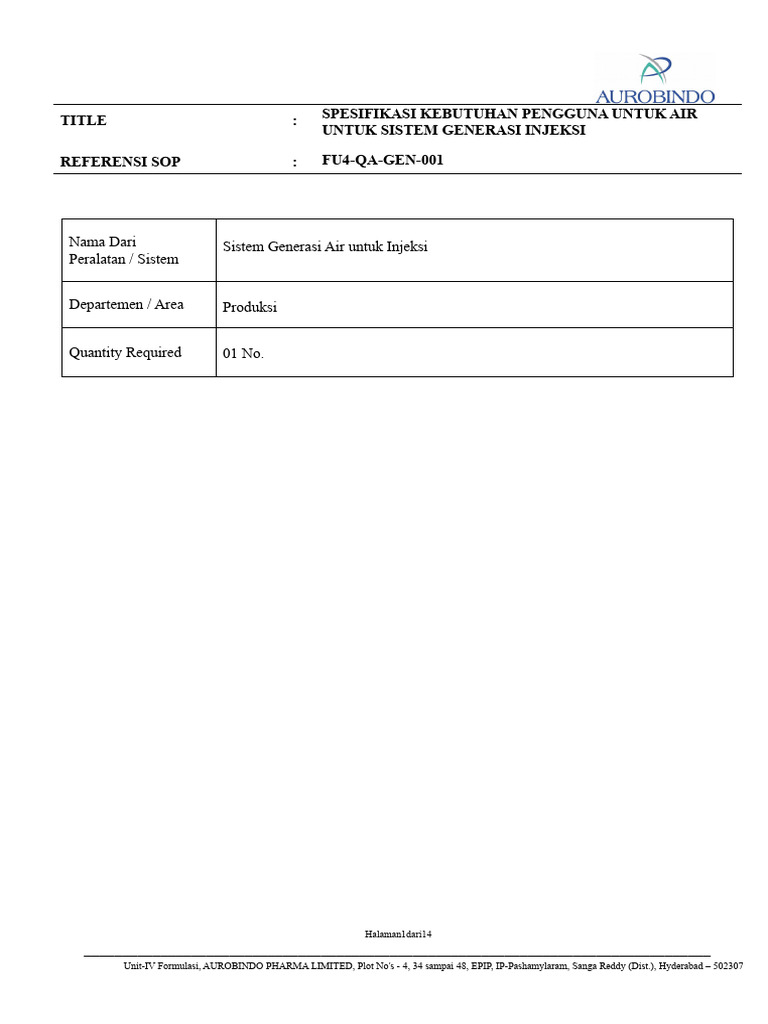 Spesifikasi Sistem Air Injeksi WFI | PDF
