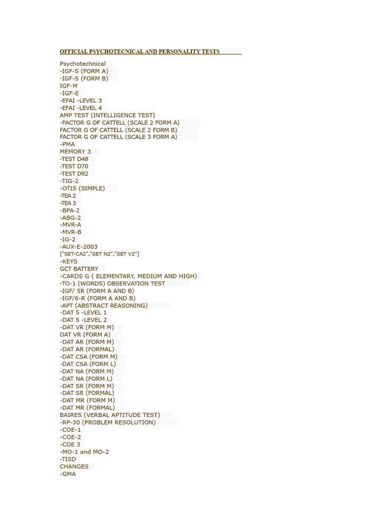 Comprehensive Psychotechnical Tests List | PDF