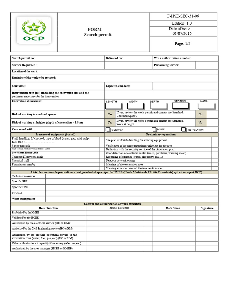 F-HSE-SEC-31-06_Excavation Permit-1 | PDF