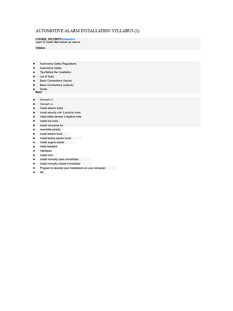Automotive Alarm Installation Syllabus | PDF