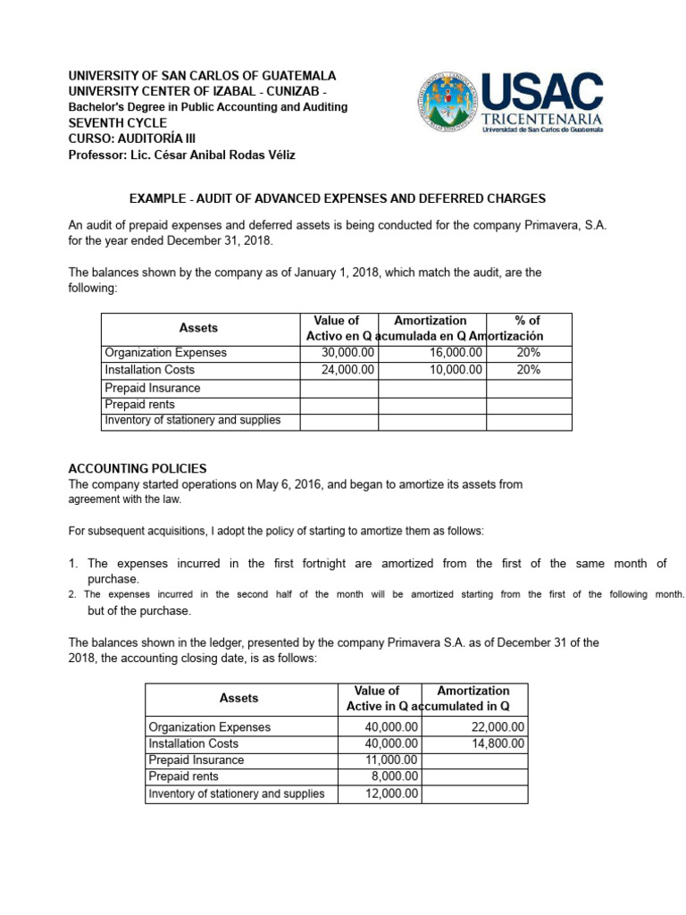 Example Deferred Charges and Prepaid Payments | PDF | Expense | Audit