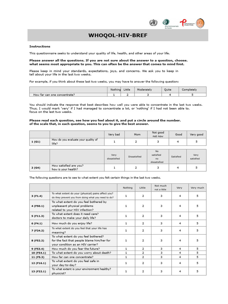 WHOQOL-HIV-Bref Questionnaire | PDF | Questionnaire | Emotions