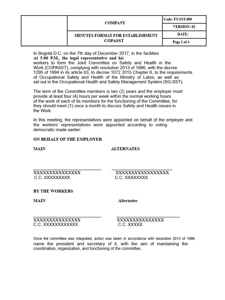 COPASST Formation Minutes and Responsibilities | PDF | Occupational ...