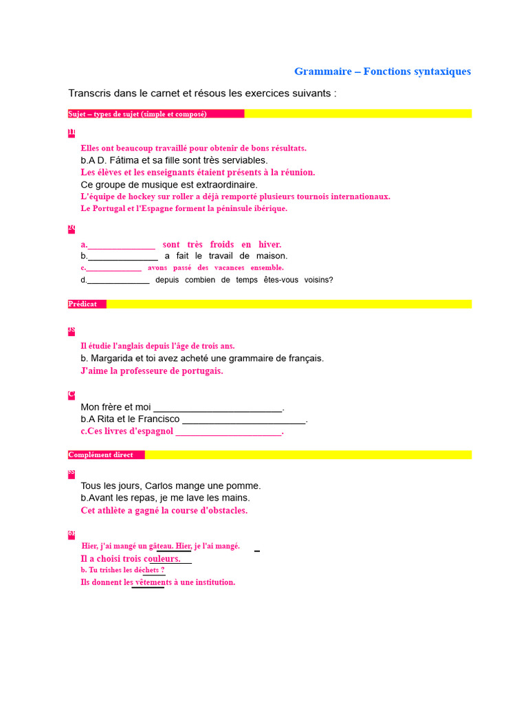 Fonctions syntaxiques en grammaire française | PDF | Sujet (Grammaire ...