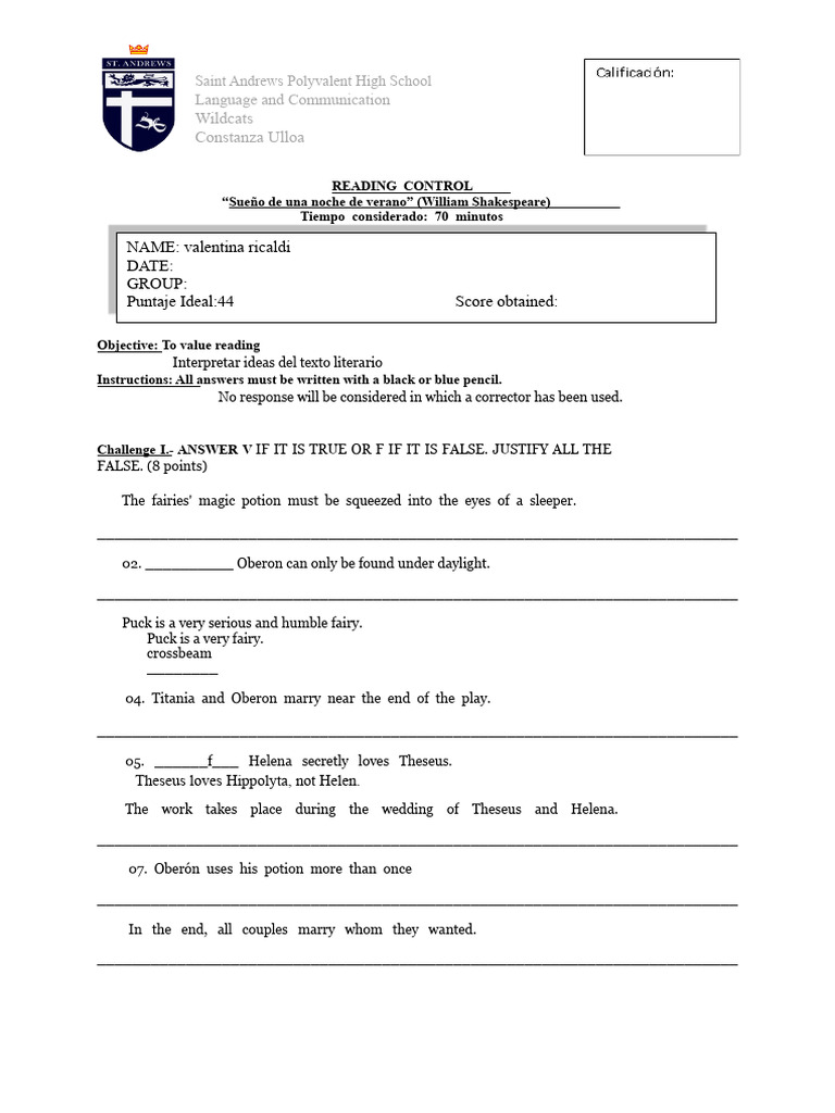 Test A Midsummer Night's Dream | PDF | A Midsummer Night's Dream