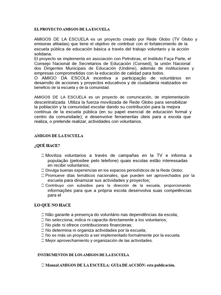 Proyecto Amigos de la Escuela: Voluntariado Educativo | PDF | Escuelas ...