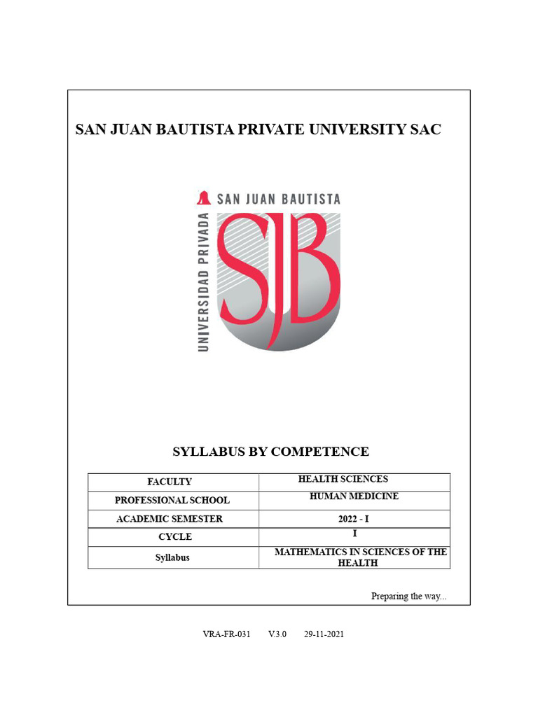 Syllabus Mathematics in Health Sciences 2022-I | PDF | Function ...