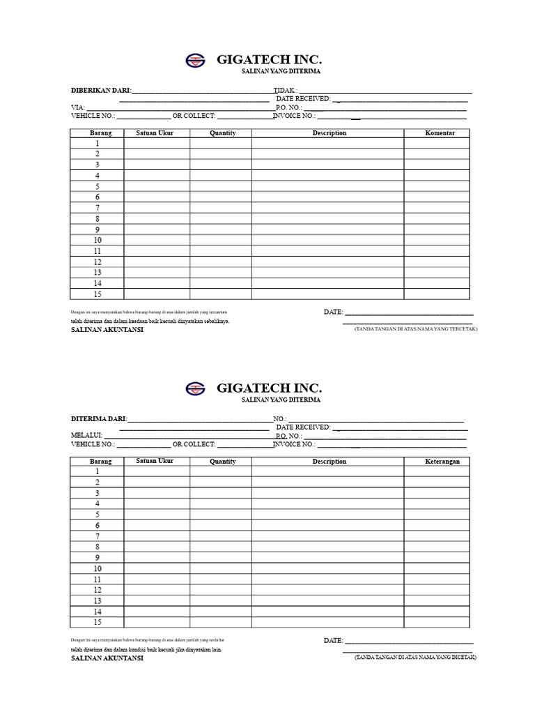 Bukti Penerimaan Barang Gigatech Inc. | PDF
