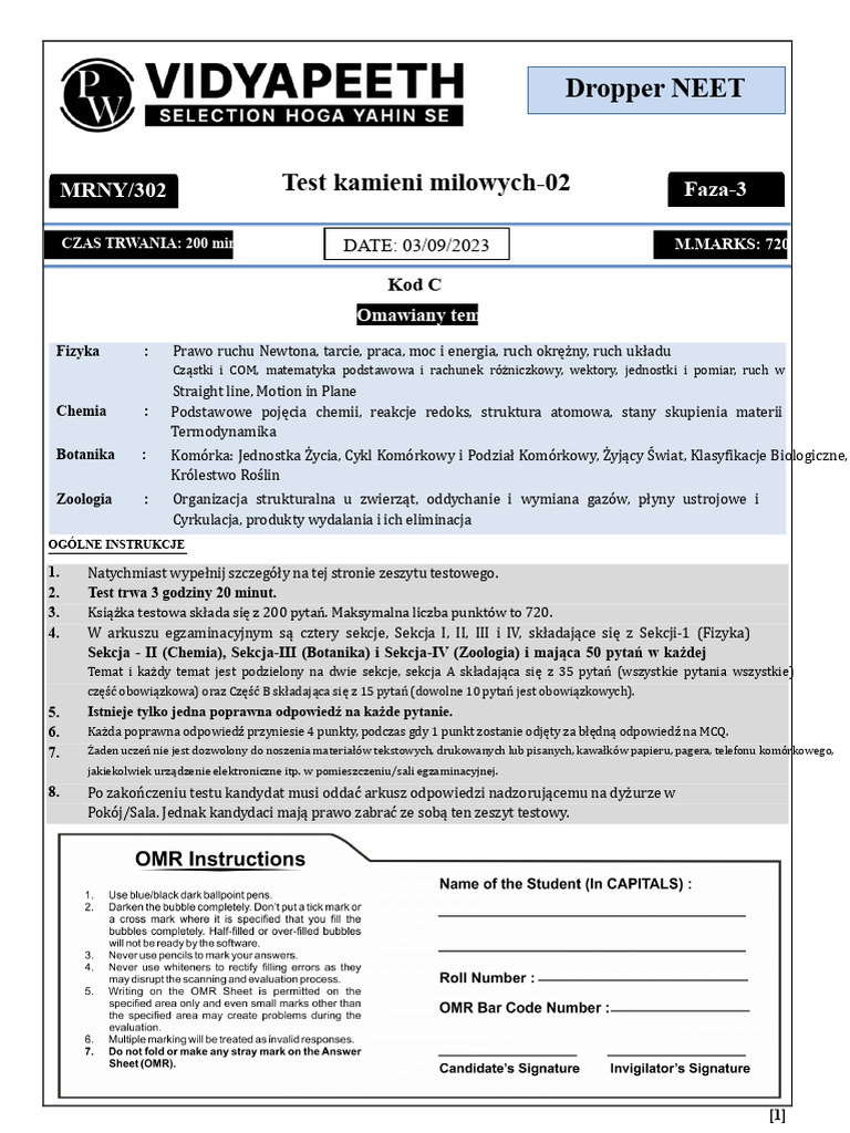 Test Milestone 02 ROI Faza 3 Dropper NEET 03-09-2023 Pytania | PDF