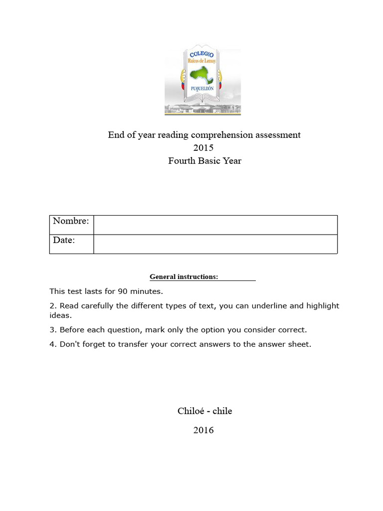 Reading Comprehension Assessment Fourth Grade Basic | PDF