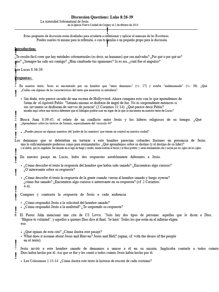 Preguntas de reflexión (Lucas 8.26-39) | PDF | Satán | Jesús