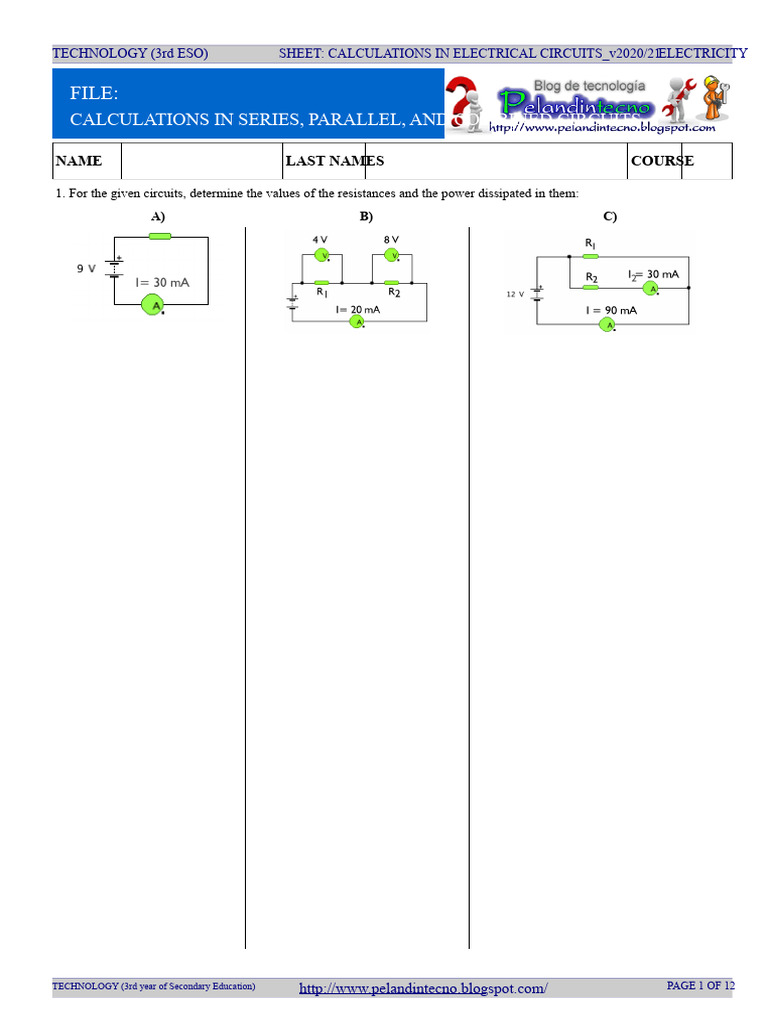 sheet - problems series-parallel and mixed circuits 2020-21 v01 | PDF | Series And Parallel ...