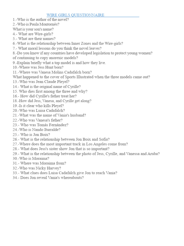 Wire Girls Novel Questionnaire Insights | PDF