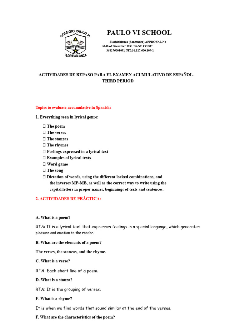 Spanish Exam Review Activities | PDF | Poetry | Rhyme
