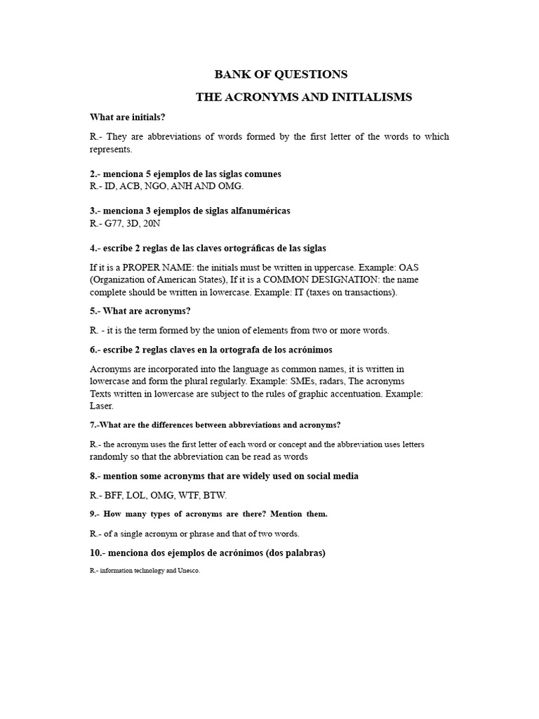 Bank of Questions Presentation ACRONYMS AND INITIALISMS | PDF