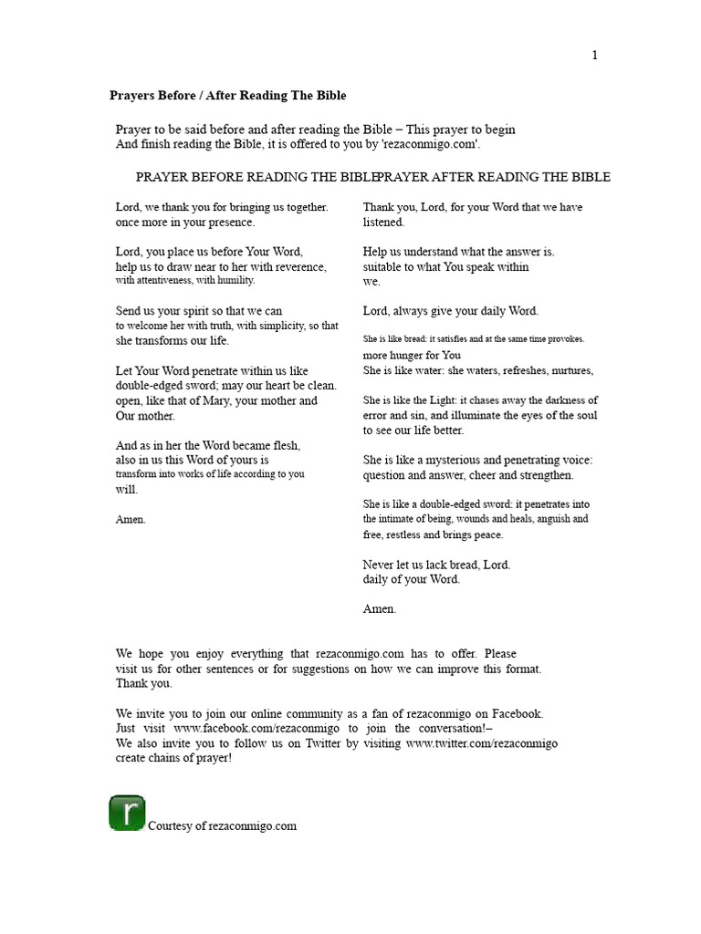 Prayer To Read The Word of God | PDF | Prayer | Religious Belief And ...
