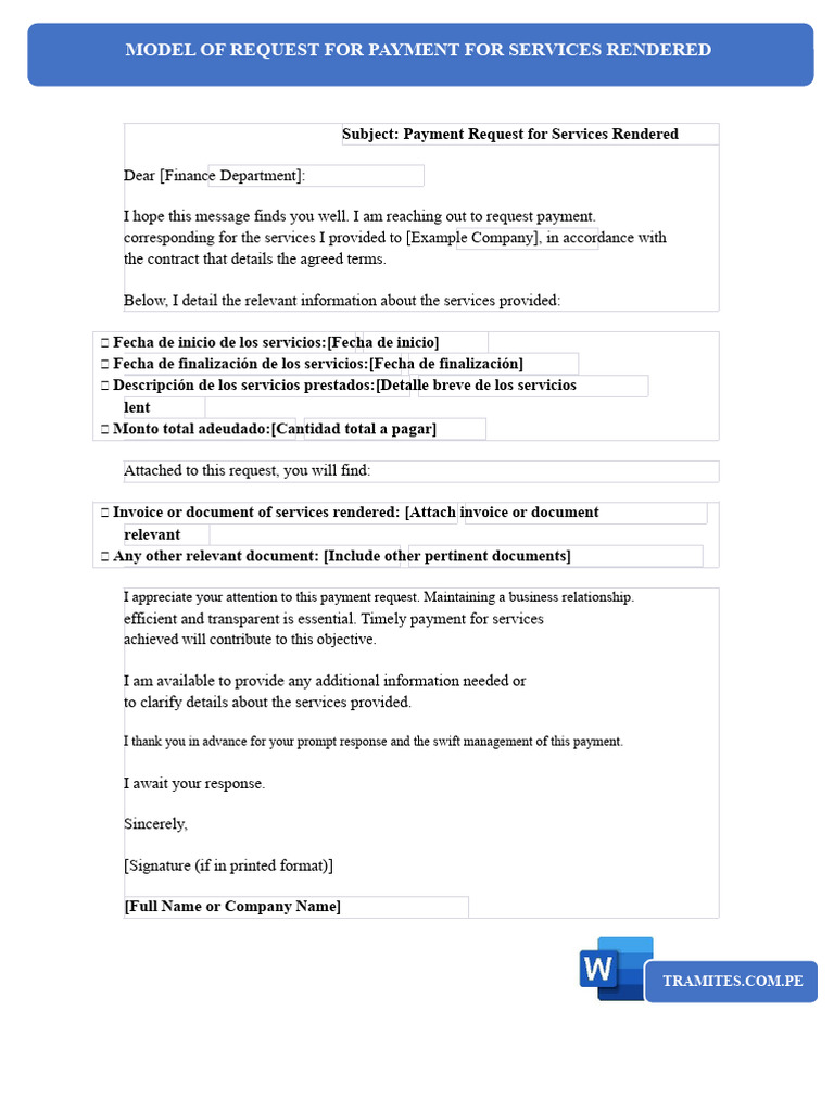 Payment Request Model For Services Rendered | PDF
