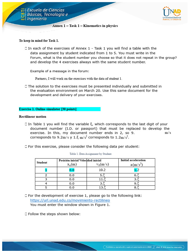 Annex 1 - Task 1 Kinematics Exercises | PDF | Mechanics | Motion (Physics)