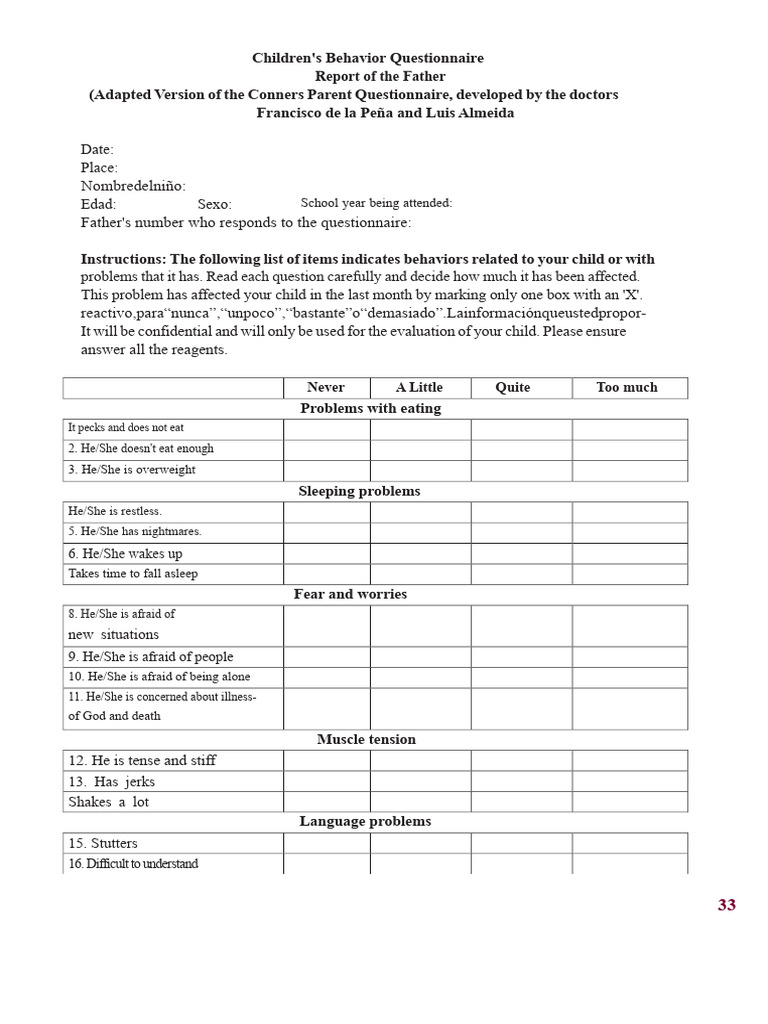 Parents' Behavior Questionnaire | PDF | Diseases And Disorders ...