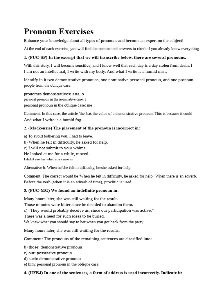 List of Exercises Pronoun Exercises | PDF | Pronoun | Semantics