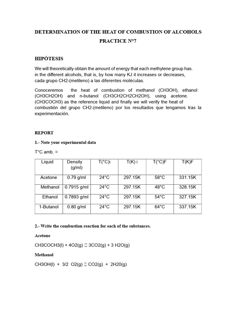Determination of The Heat of Combustion of Alcohols | PDF | Ethanol ...