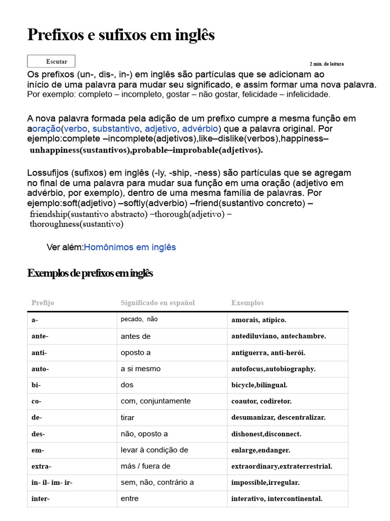 100 Exemplos de Prefixos e Sufixos em Inglês | PDF | Palavra | Adjetivo