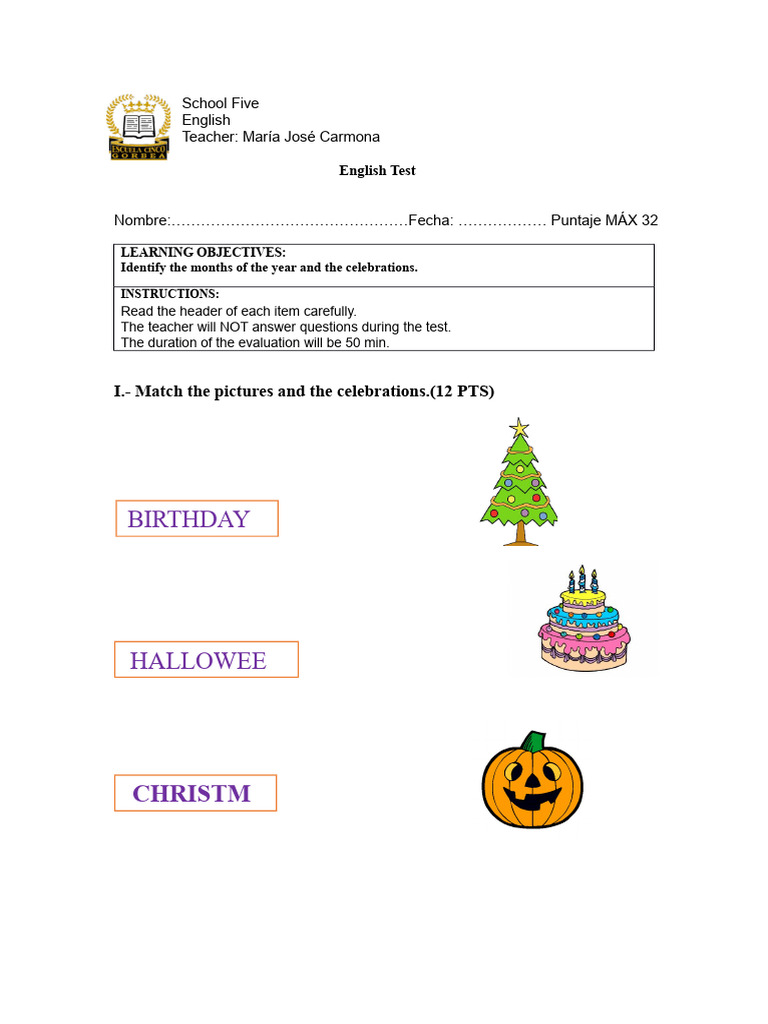 English Test on Months and Celebrations | PDF