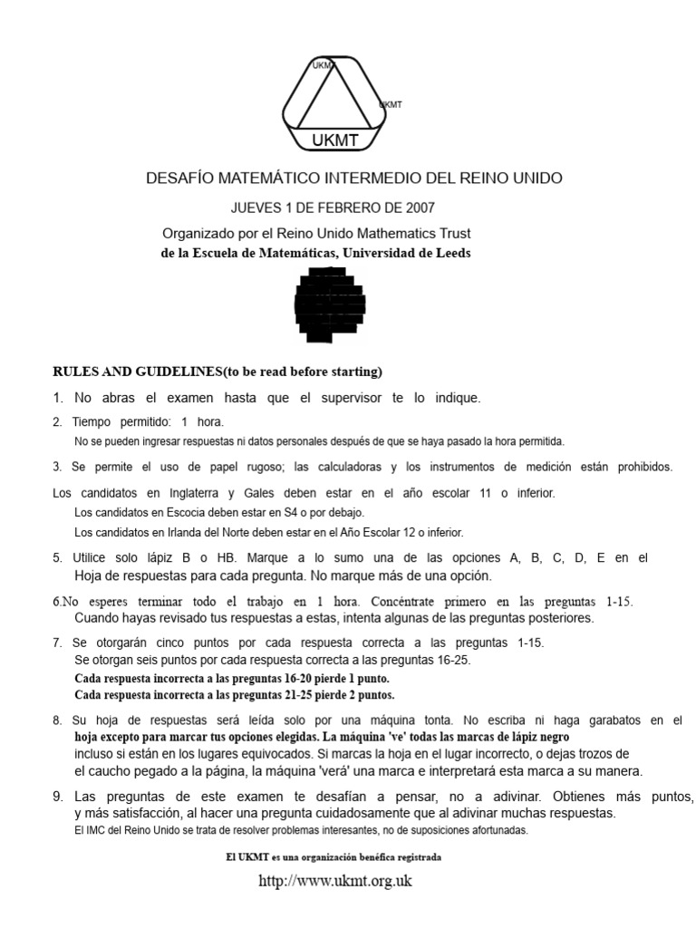 UKMT - IMC - Desafío Matemático Intermedio 2007 - Preguntas | PDF ...
