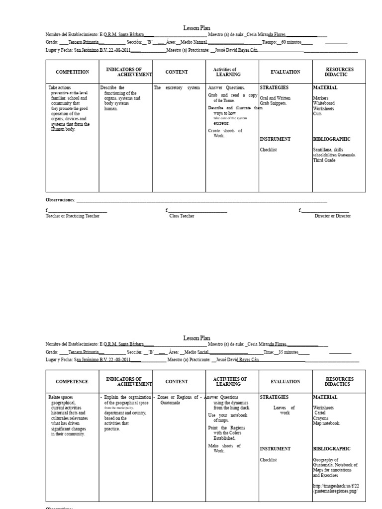 Natural Science Lesson Plan Third Grade Primary | PDF | Lesson Plan ...
