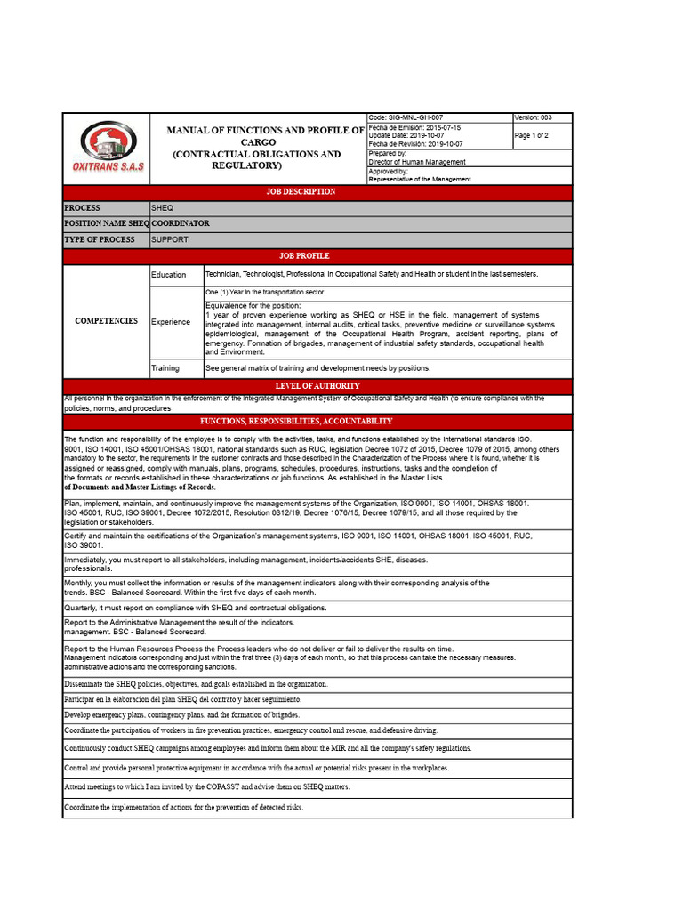 SHEQ Coordinator Job Description and Duties | PDF | Occupational Safety ...