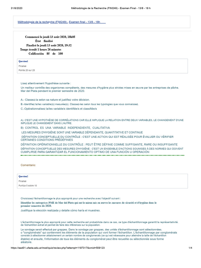 Examen Final Méthodologie Recherche FIM249 | PDF | Échantillonnage ...