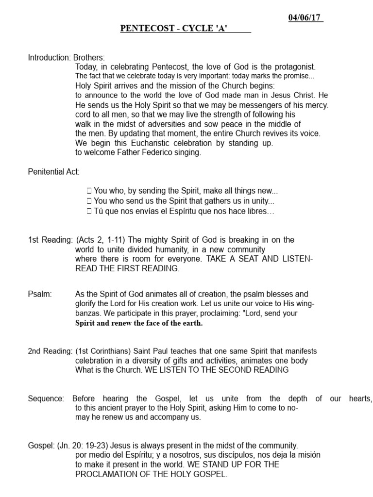 Pentecost Mass Script | PDF | Pentecost | Jesus