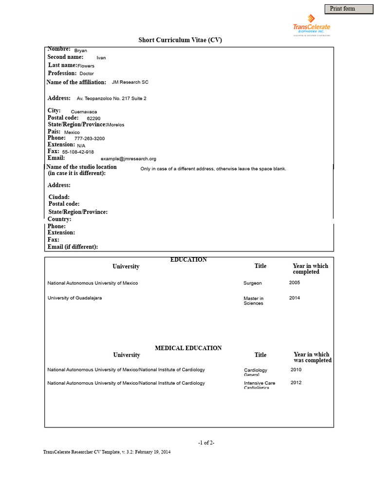 TransCelerate-Curriculum-Vitae-Form-3-English-1 | PDF | Cardiology ...