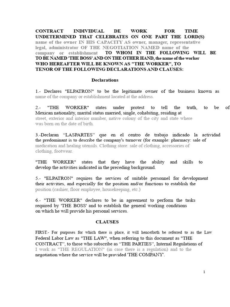 Individual Employment Contract For An Indefinite Period | PDF | Salary ...