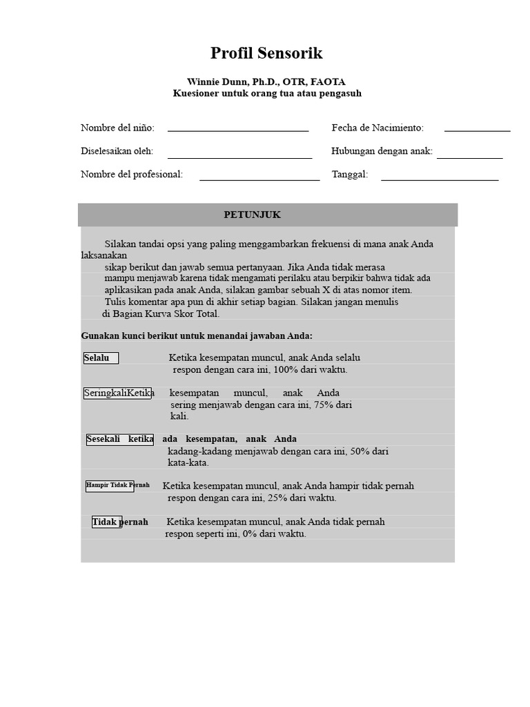 Dunn, W.- Profil Sensorik. Kuesioner untuk Orang Tua dan Pengasuh | PDF