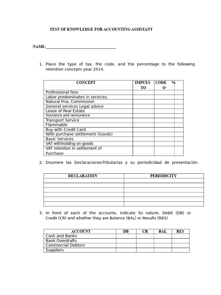 Accounting Assistant Knowledge Test | PDF