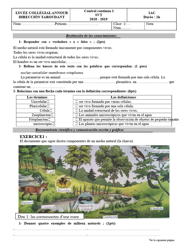 Deber N1 - Semestre 1 - SVT 1AC - Modelo PDF 10 | PDF | Microscopía | Anatomía
