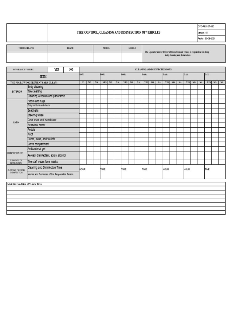 Control Format For Verification of Cleaning and Condition of Tires ...