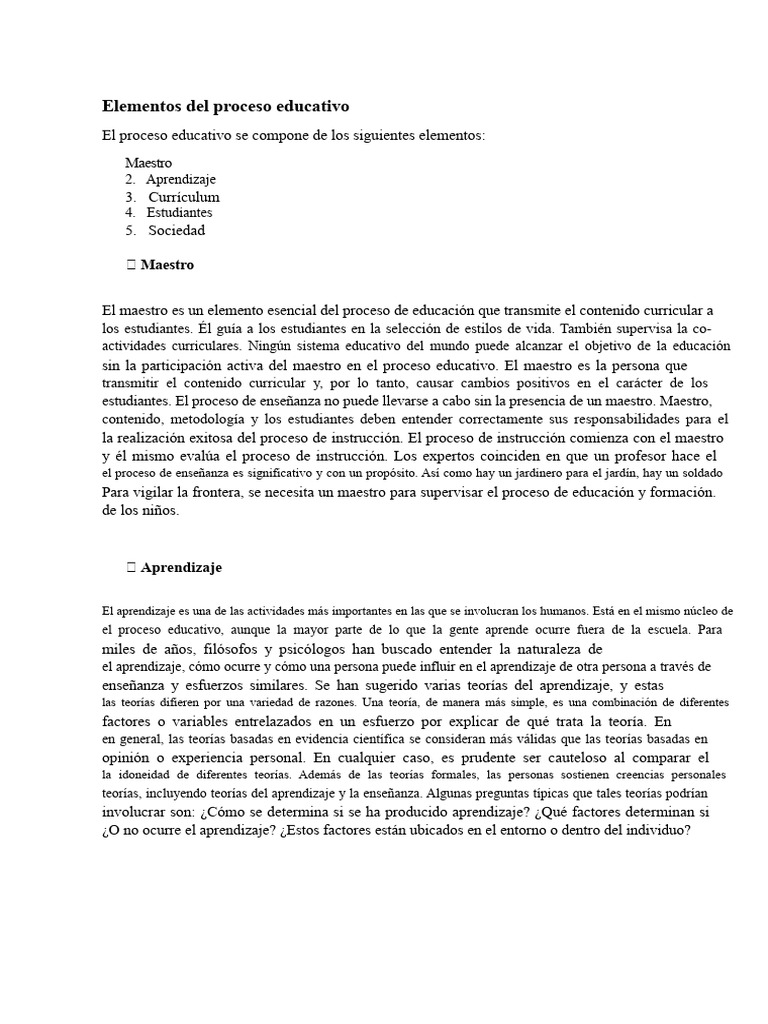 Elementos Del Proceso Educativo | PDF | Plan de estudios | Aprendizaje