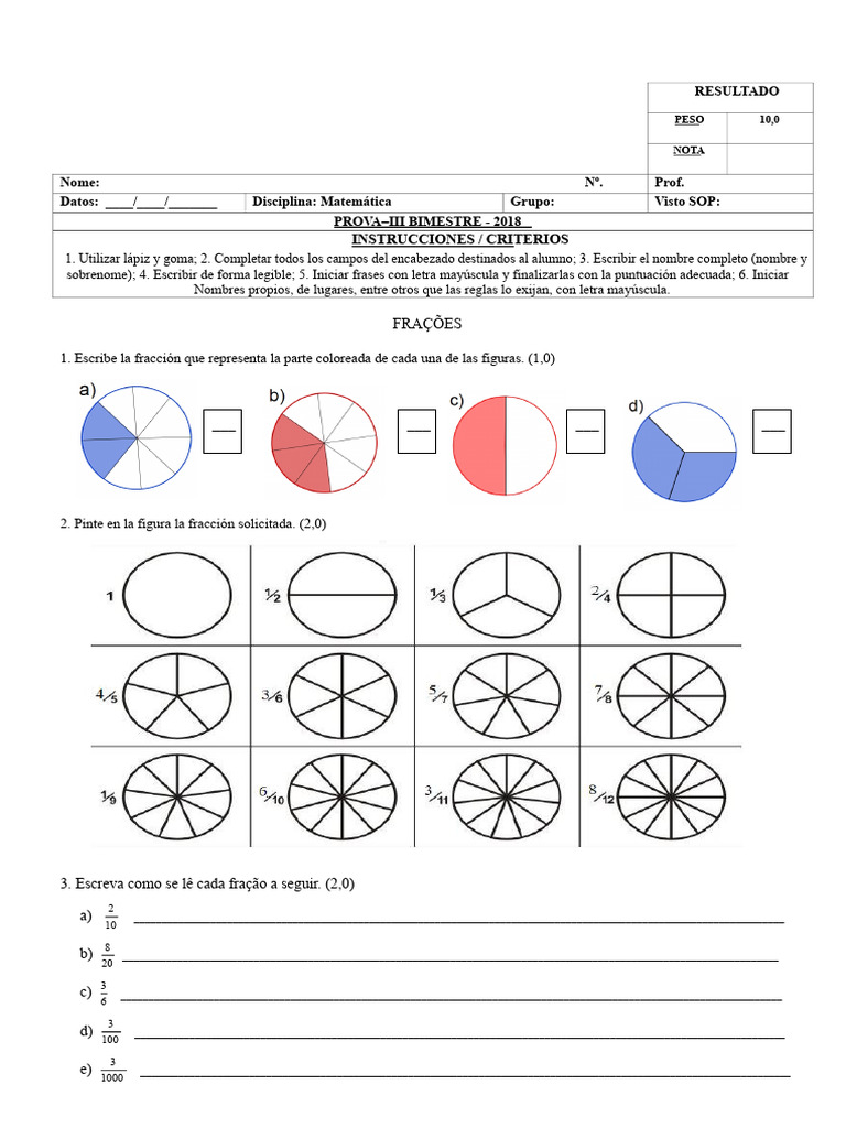Examen de Matemáticas - Fracciones PDF | PDF