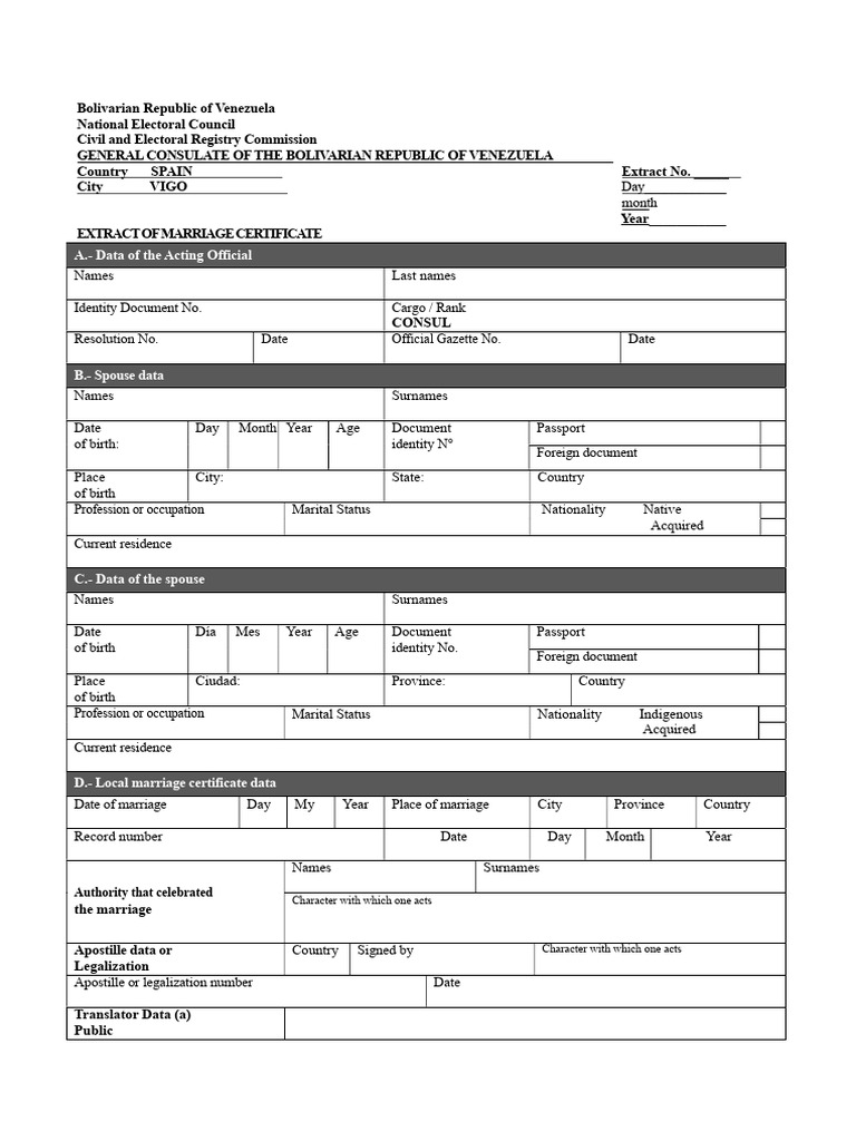 Venezuela Marriage Certificate Extract Form | PDF | Identity Document ...