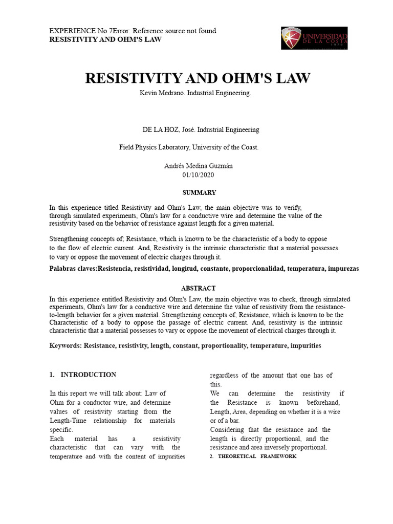 Report #7 Resistivity and Ohm's Law | PDF | Electrical Resistivity And ...