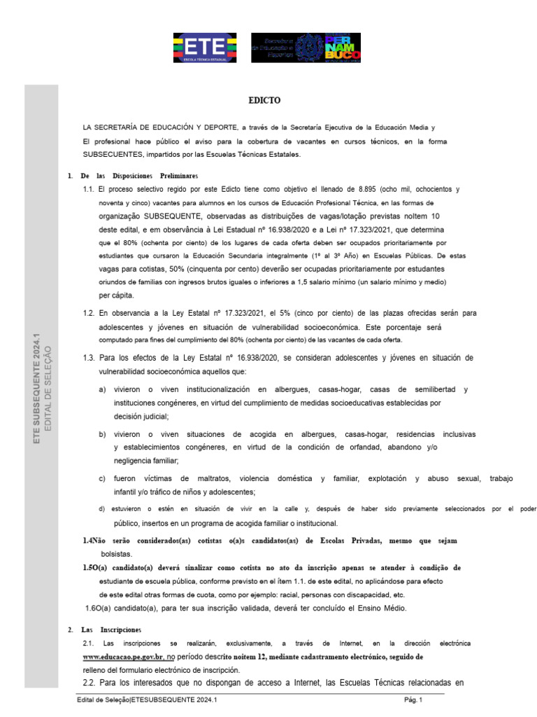 Convocatoria ETE Subsiguiente 2024 1 | PDF