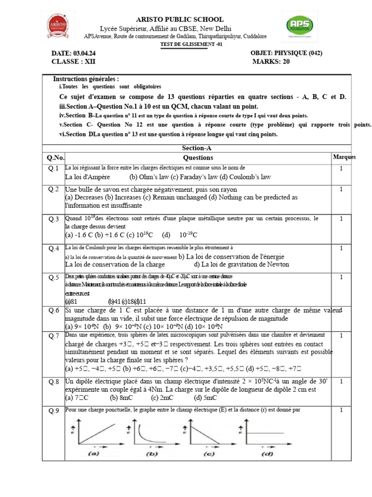 Test de Physique Classe XII - CBSE | PDF | Champ électrique | Phénomène ...