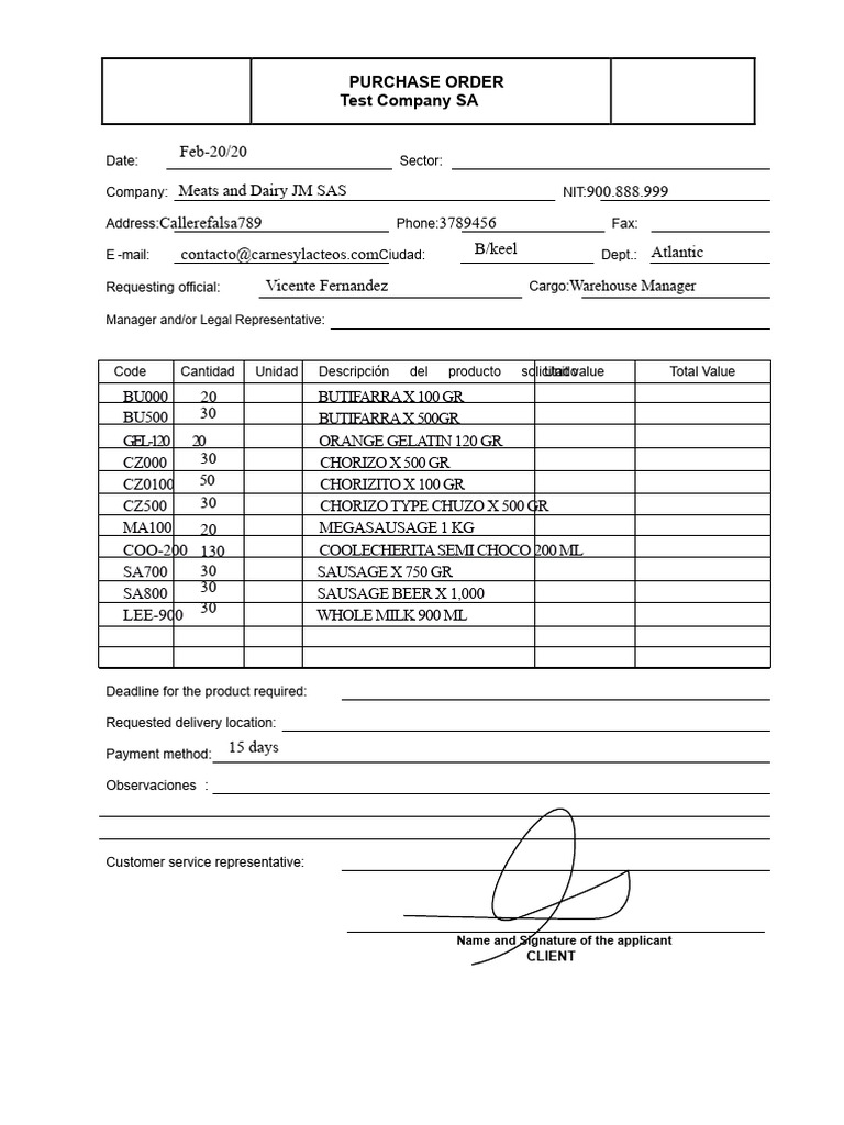 Purchase Order Meats and Dairy JM | PDF