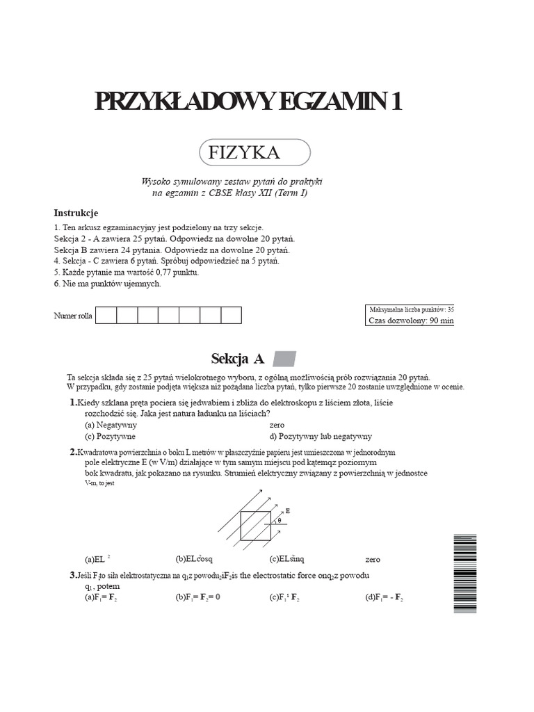 Przykładowy Arkusz Arihant Termin 1 Klasa 12 Fizyka | PDF
