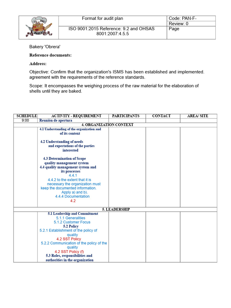 Audit Plan Format for ISO 9001 Compliance | PDF | Risk | Business