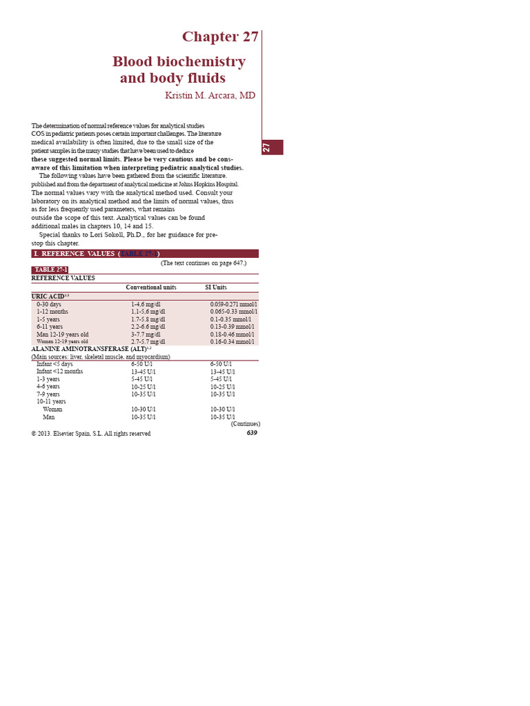Pediatric Blood Biochemistry Reference Values | PDF | Alanine ...
