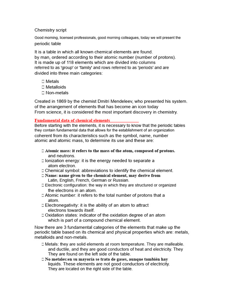 Chemistry script | PDF | Periodic Table | Chemical Elements